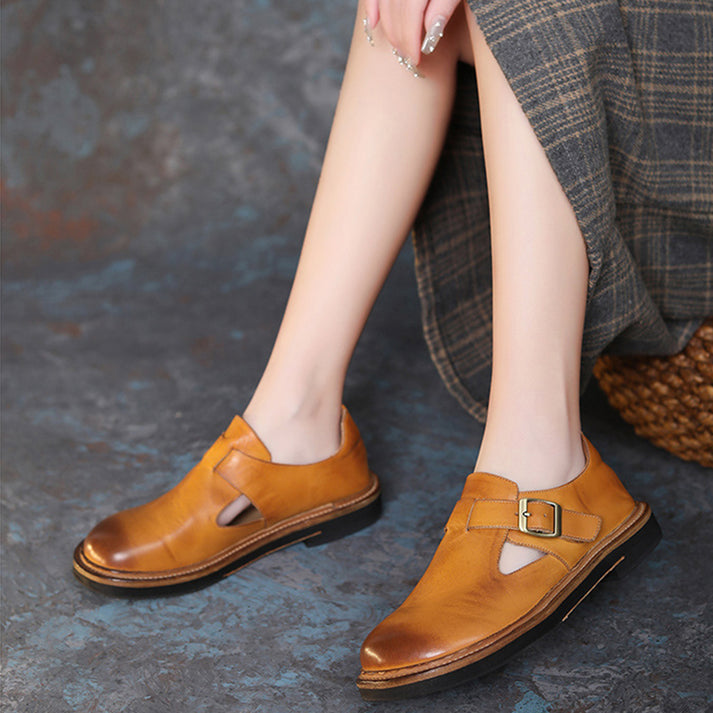British style Round Toe Adjustable Buckle Soft Leather Shoes – Retrosia
