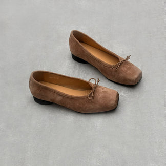 Retro Bow Square Toe Suede Leather Ballet Flats – Retrosia