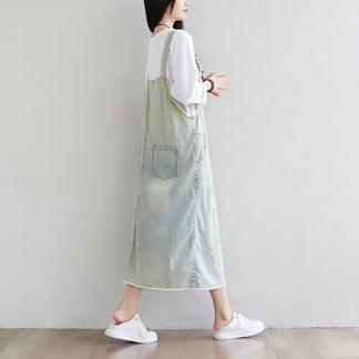 Retro Washed Denim Loose Fit Ripped Strap Dress – Retrosia