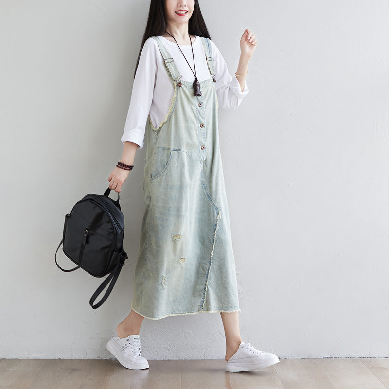 Retro Washed Denim Loose Fit Ripped Strap Dress – Retrosia