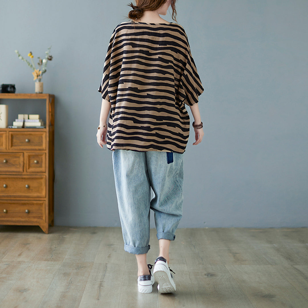 Breathable High-Low Stripe Batwing Linen Blouse | Retrosia, V-neck ...