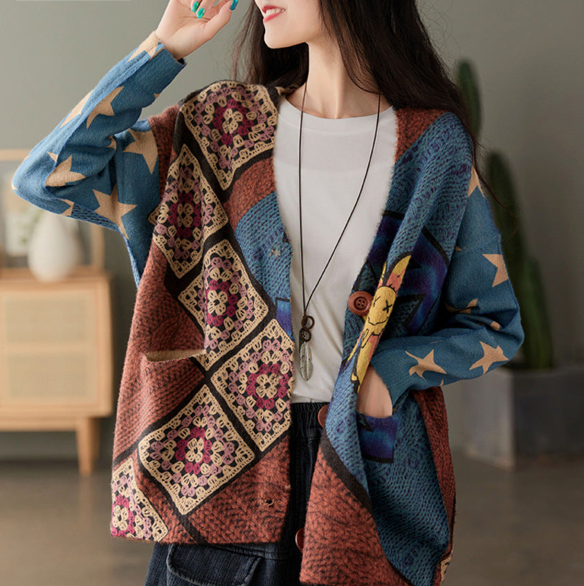 Print Retro Loose Fit Cardigan – Retrosia