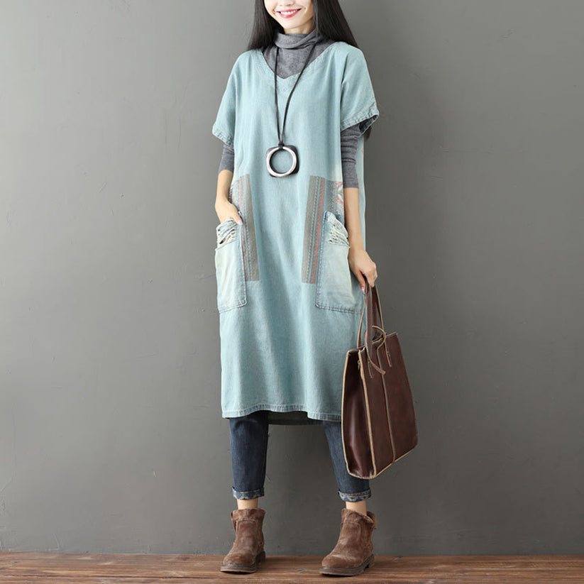 Retro Printed Loose Fit V-neck Dress | RetroSia, Women Denim Dress ...