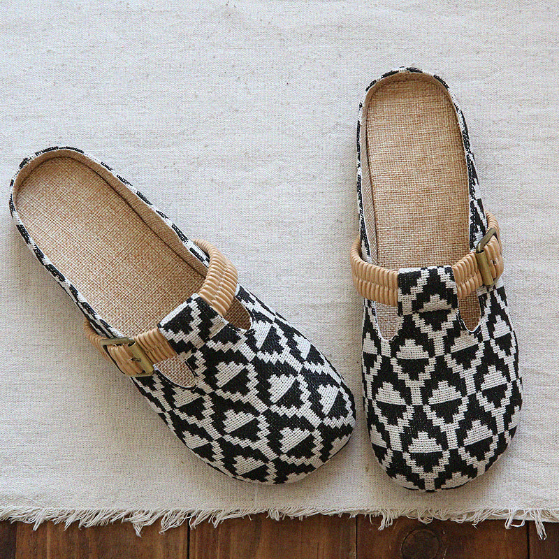 Round Toe Lattice Handmade Linen Slippers | Retrosia, Flat Shoes, Retro ...