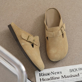 Women Closed Toe Soft Suede Sliders With Buckle Accents – Retrosia