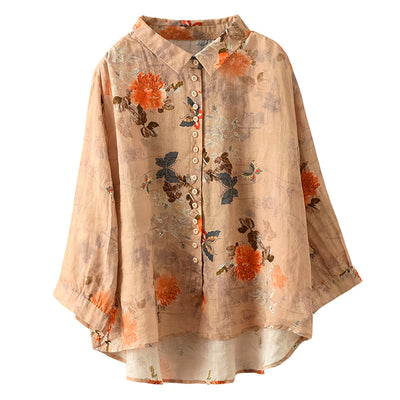 Women High-Low Linen Flower Printed Shirt – Retrosia