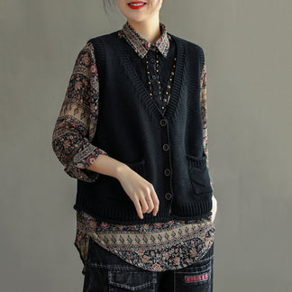Women Solid V-Neck Knitted Vest – Retrosia